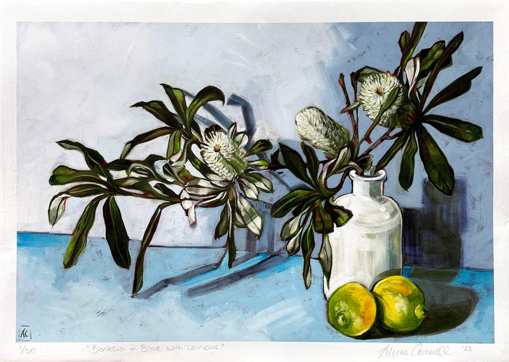 Banksia In Blue with Lemons | Limited Edition Art Print – Art to Art